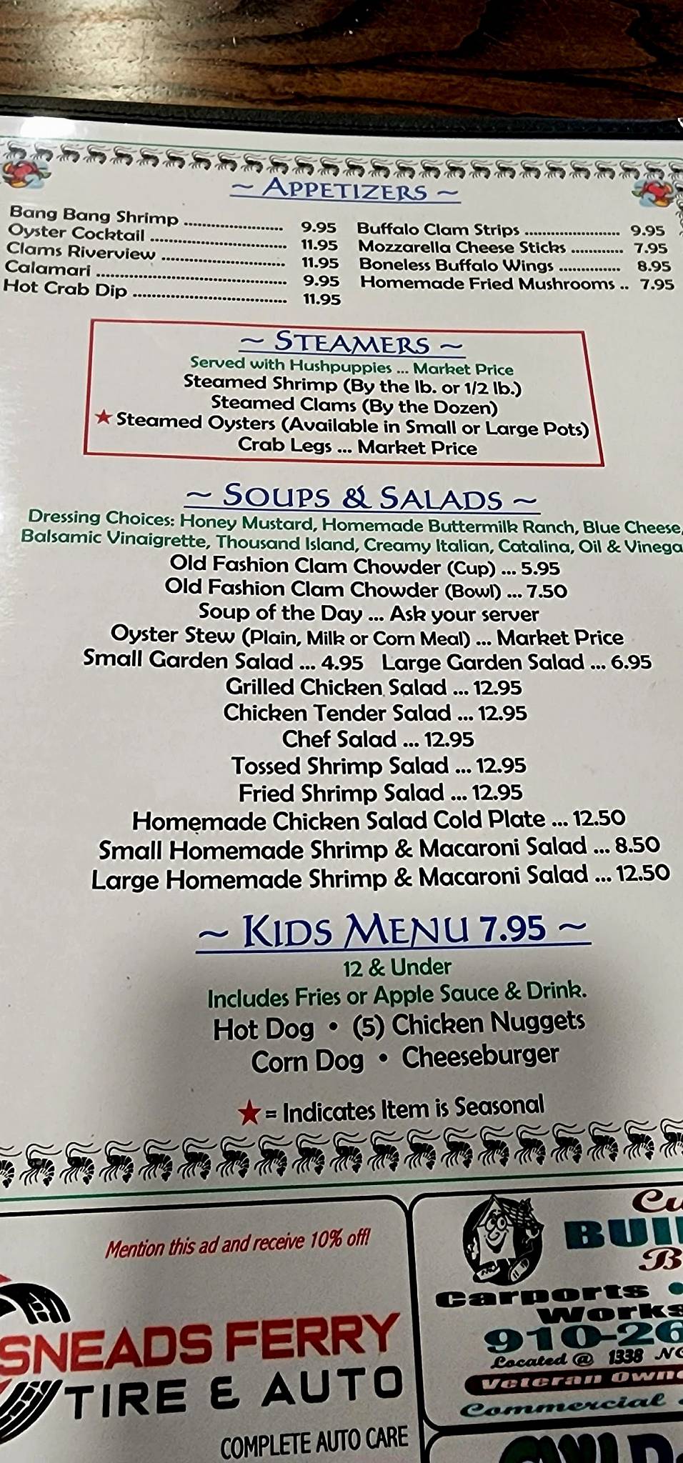 Menu at Riverview Cafe, Sneads Ferry