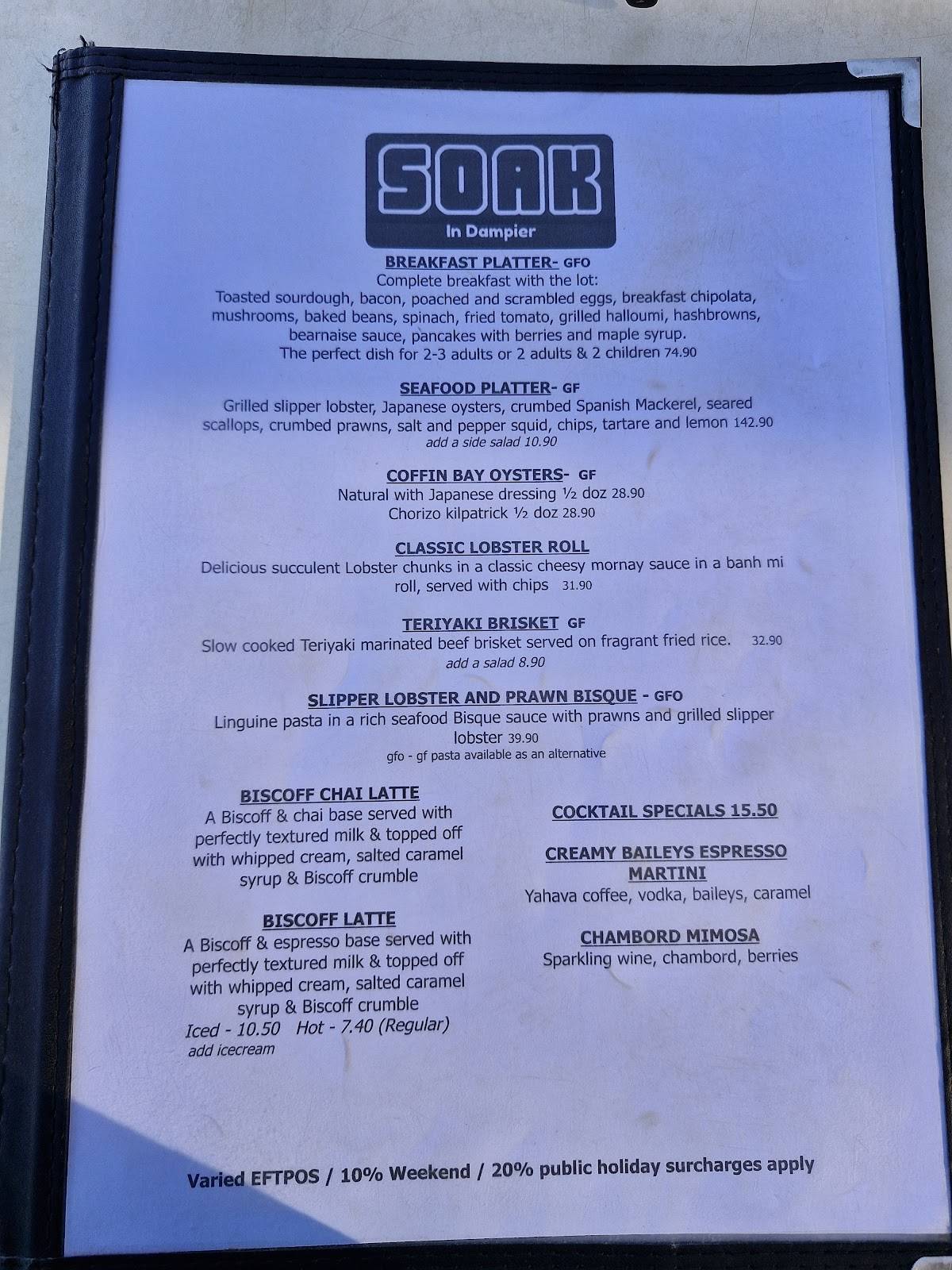 Menu at Soak In Dampier cafe, Dampier
