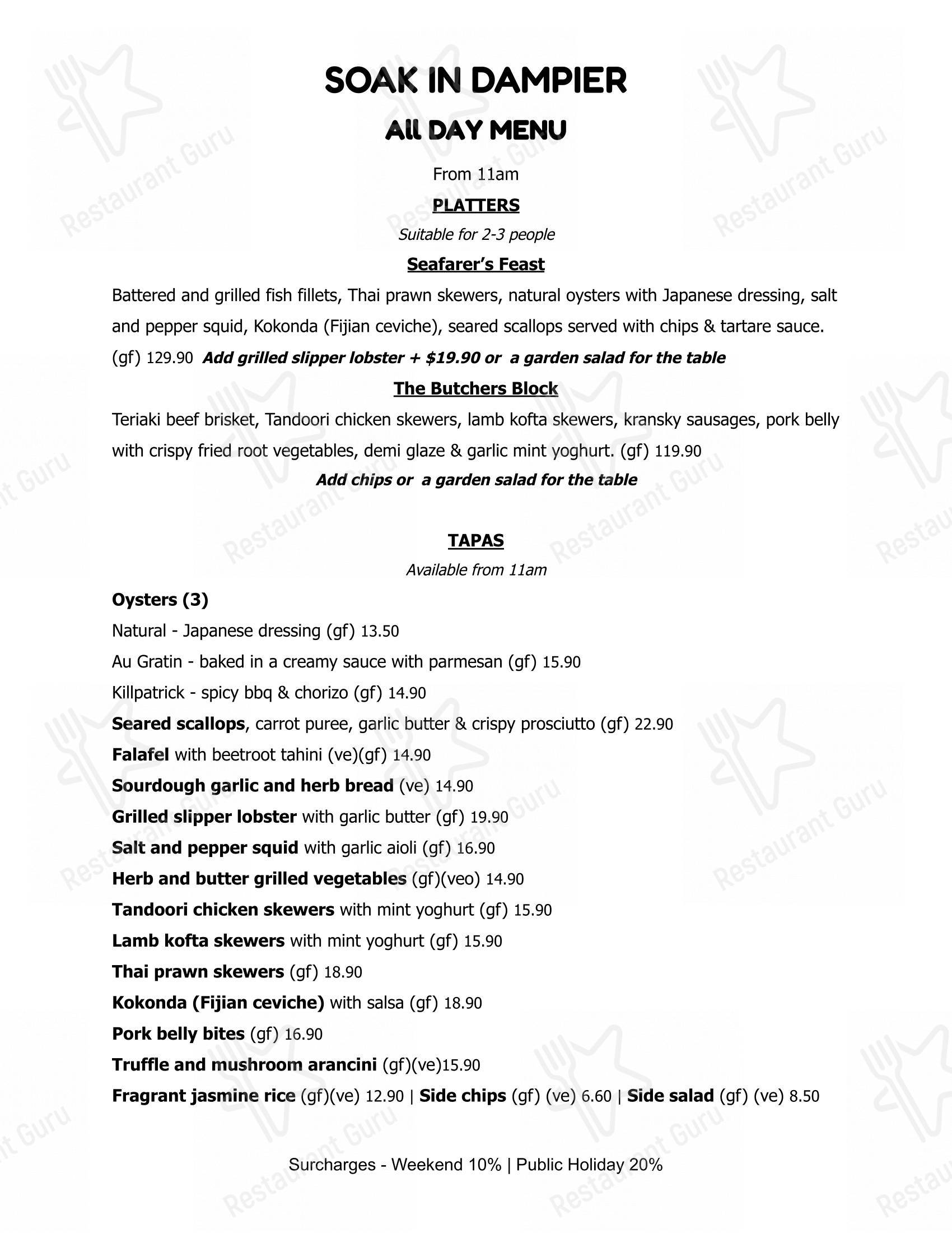 Menu at Soak In Dampier cafe, Dampier