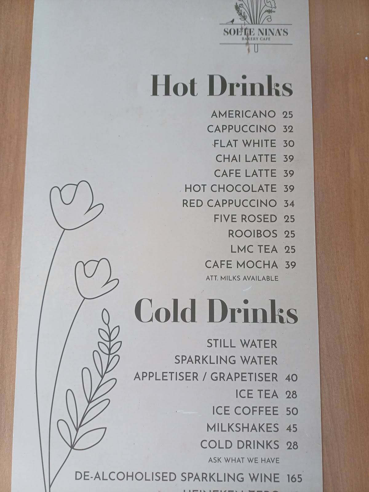 Menu at Soete Nina's Bakery Cafe, George