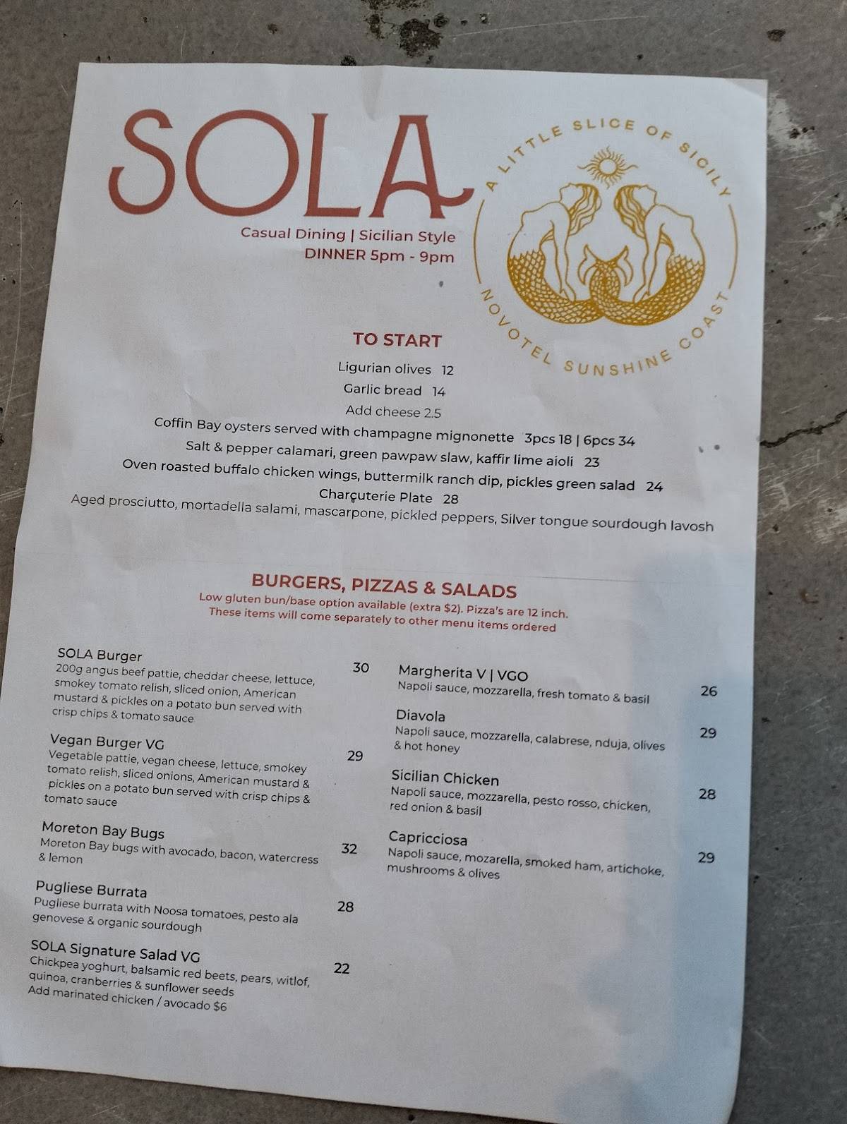 Menu at Sola Bar & Restaurant, Twin Waters