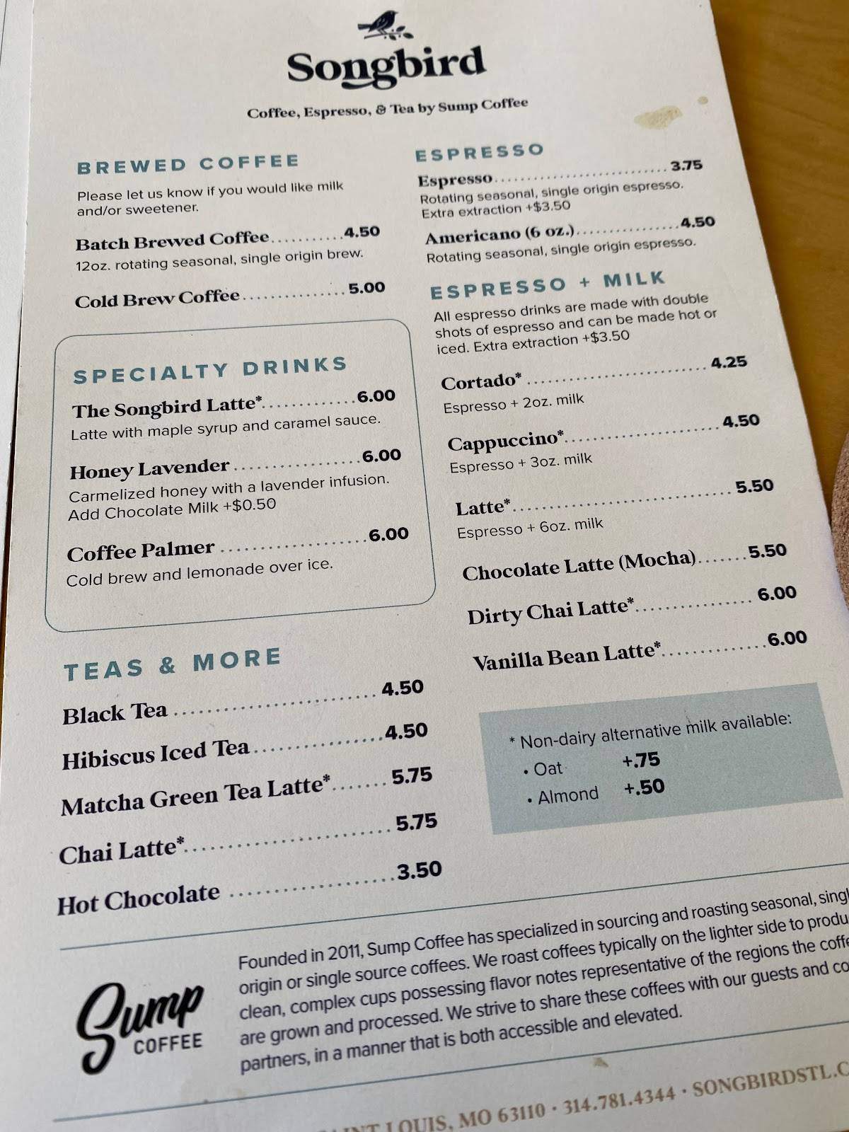 Menu at Songbird restaurant, St. Louis