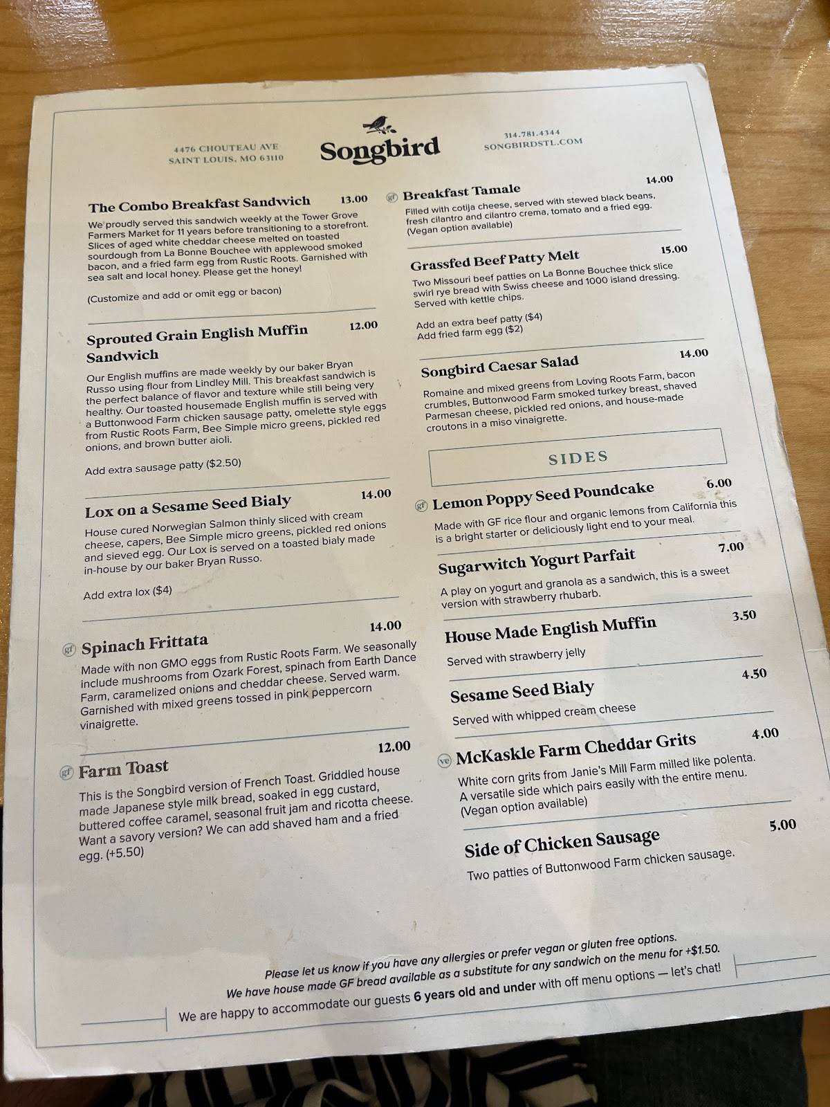 Menu at Songbird restaurant, St. Louis