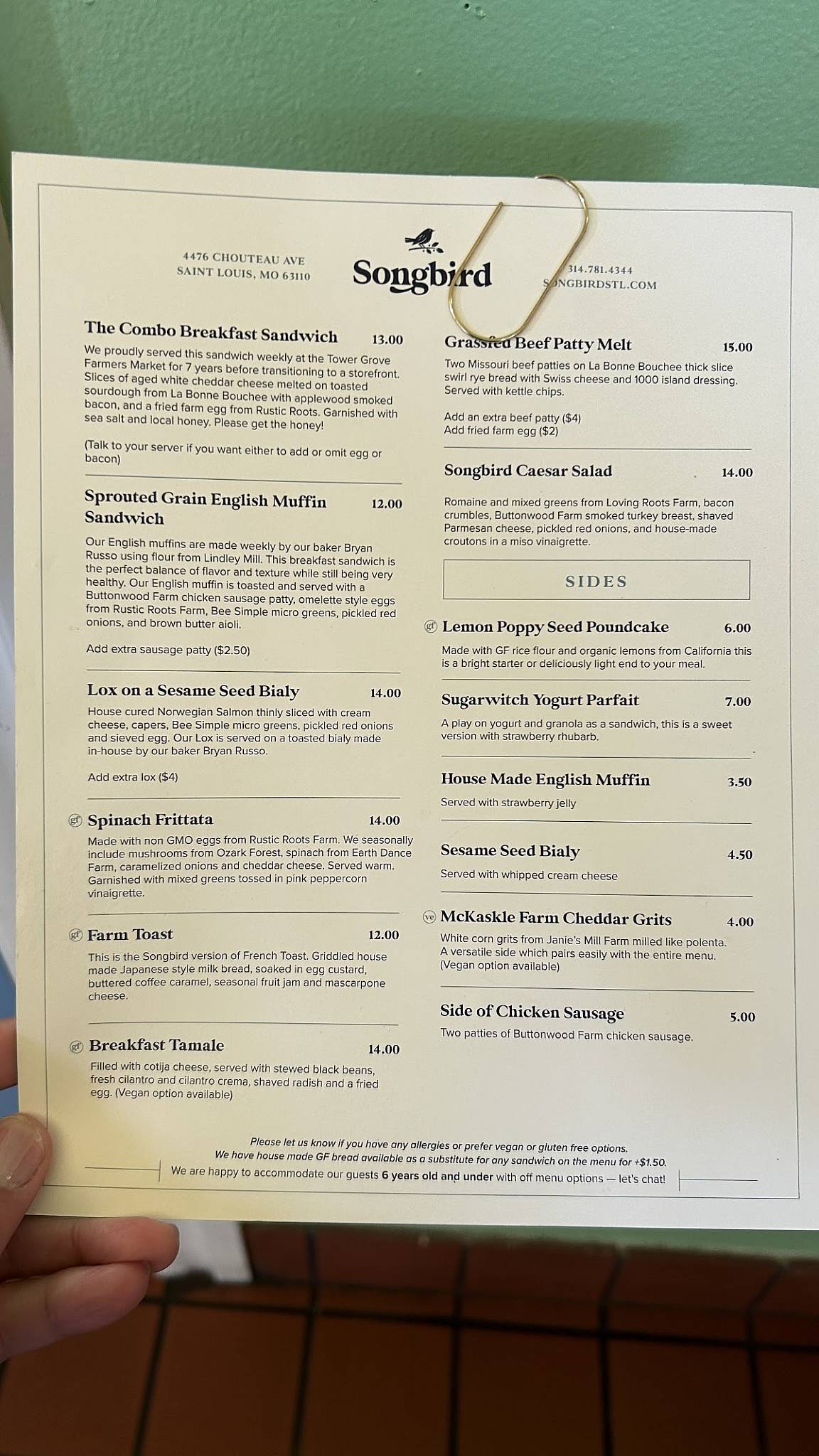 Menu at Songbird restaurant, St. Louis