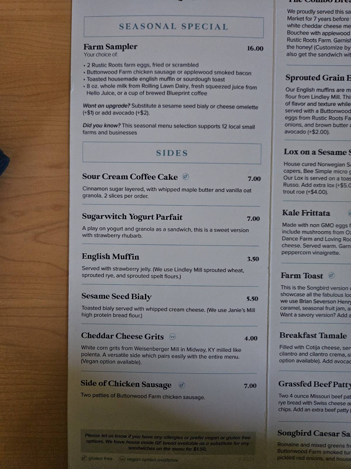 Menu at Songbird restaurant, St. Louis