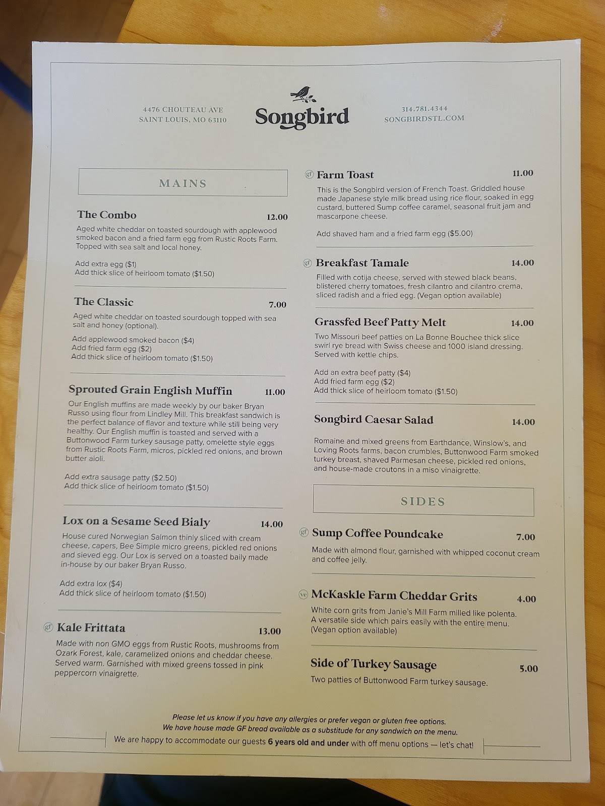 Menu at Songbird restaurant, St. Louis