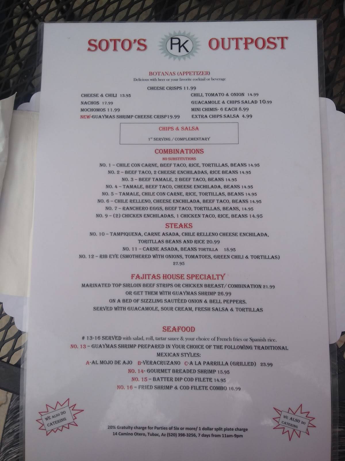 Menu at Soto's Outpost Mexican Restaurant, Tubac