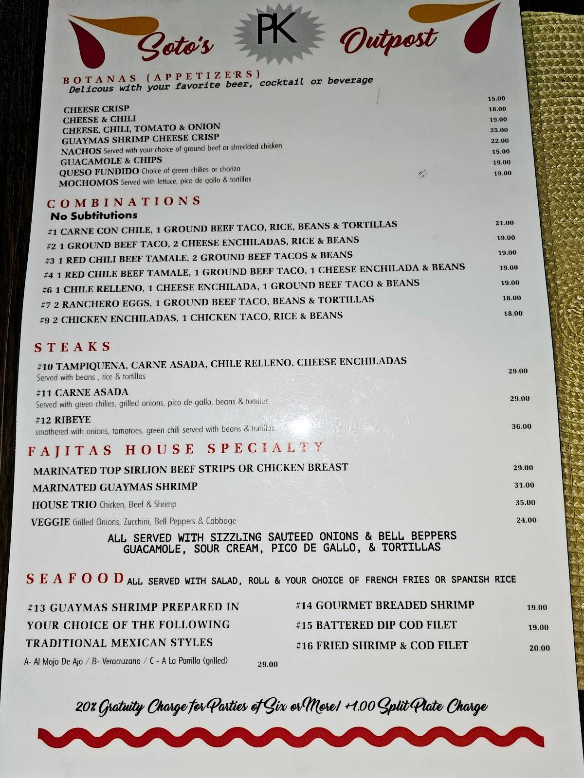 Menu at Soto's Outpost Mexican Restaurant, Tubac
