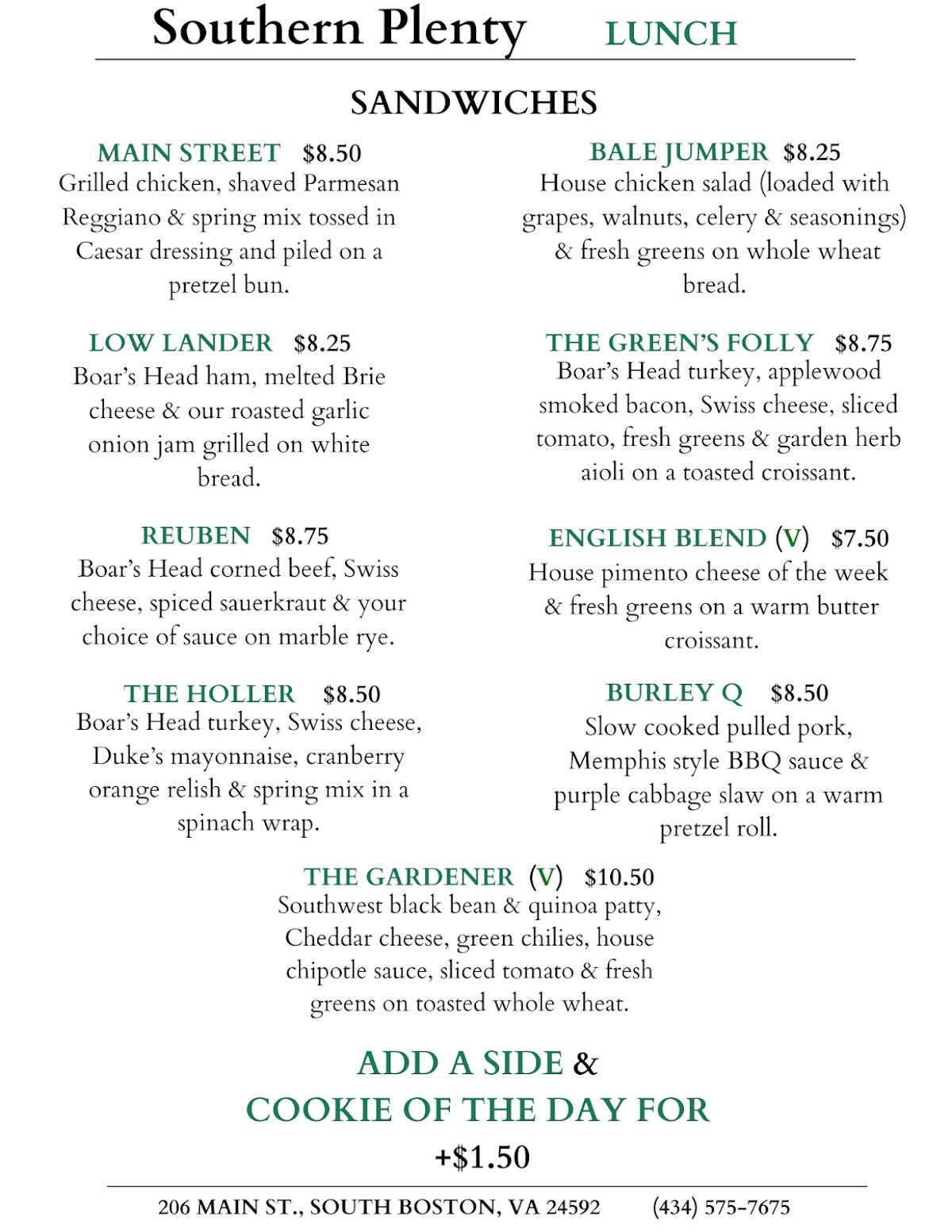 Menu at Southern Plenty pub & bar, South Boston