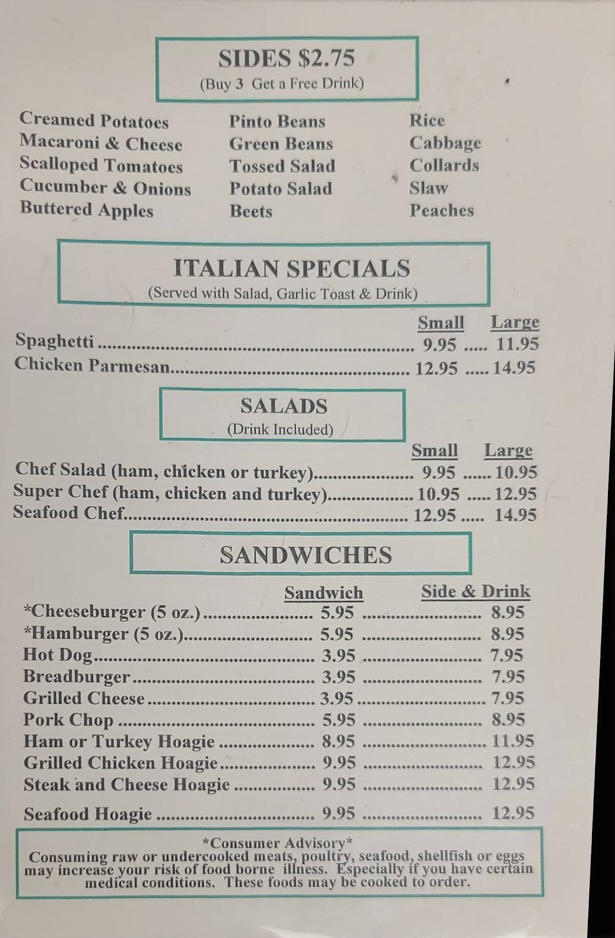Menu at Southern Lunch restaurant, Lexington