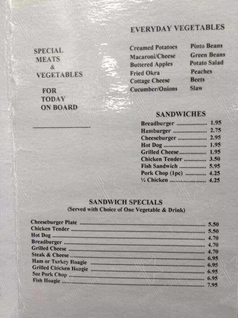 Menu at Southern Lunch restaurant, Lexington