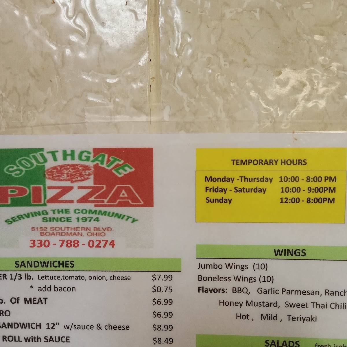 Menu at Southgate Pizza pizzeria, Youngstown, Southern Blvd
