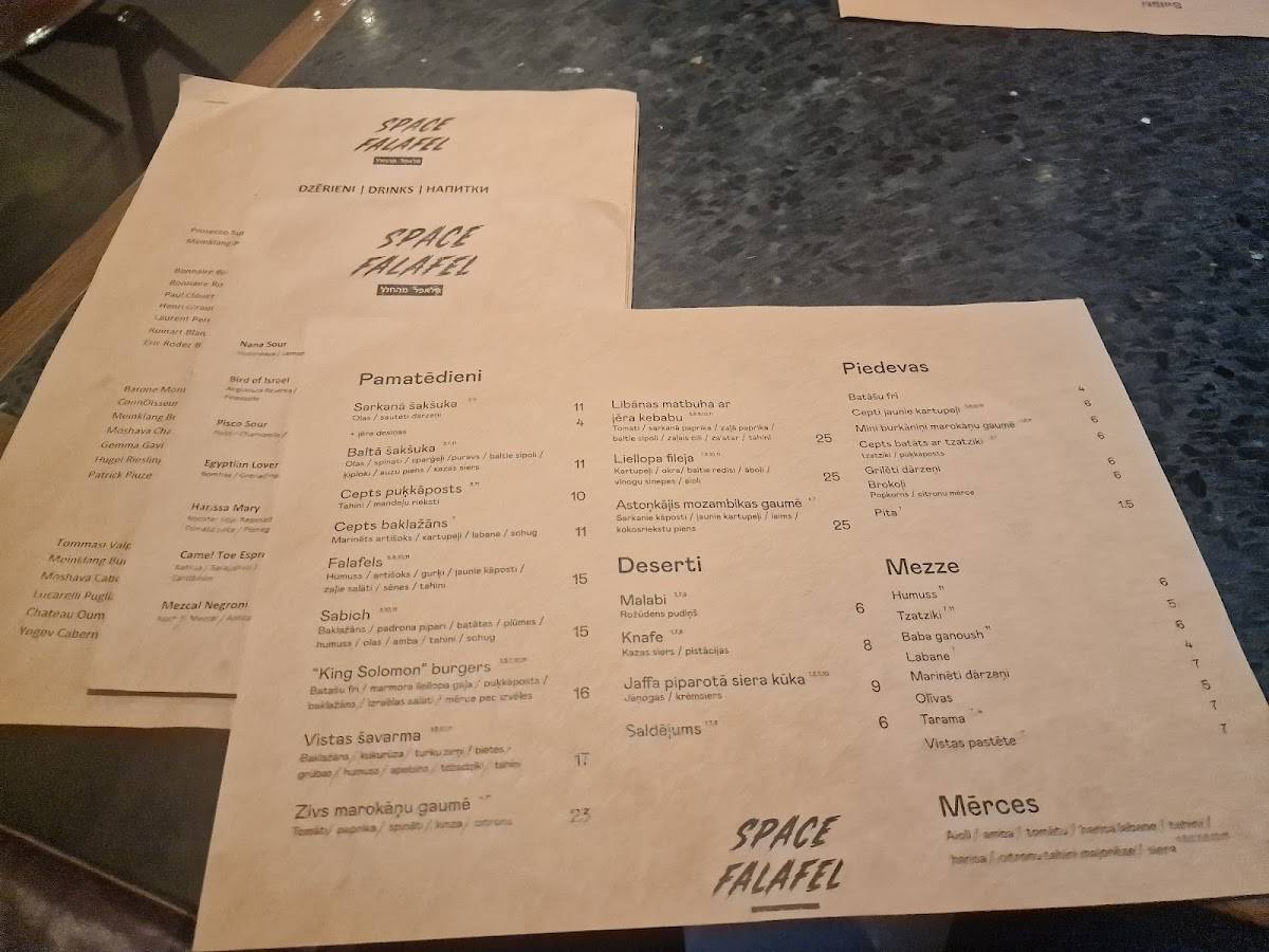Menu at Space Falafel restaurant, Riga