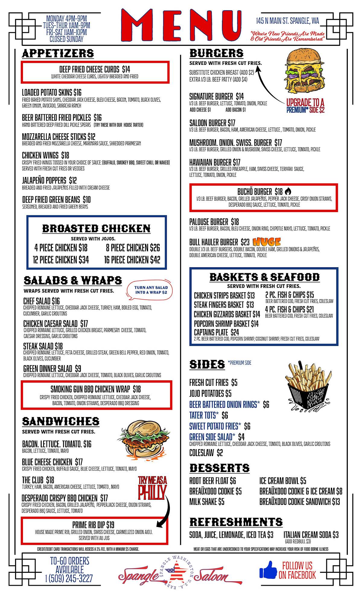Menu at Spangle Saloon pub & bar, Spangle, 145 N Main St