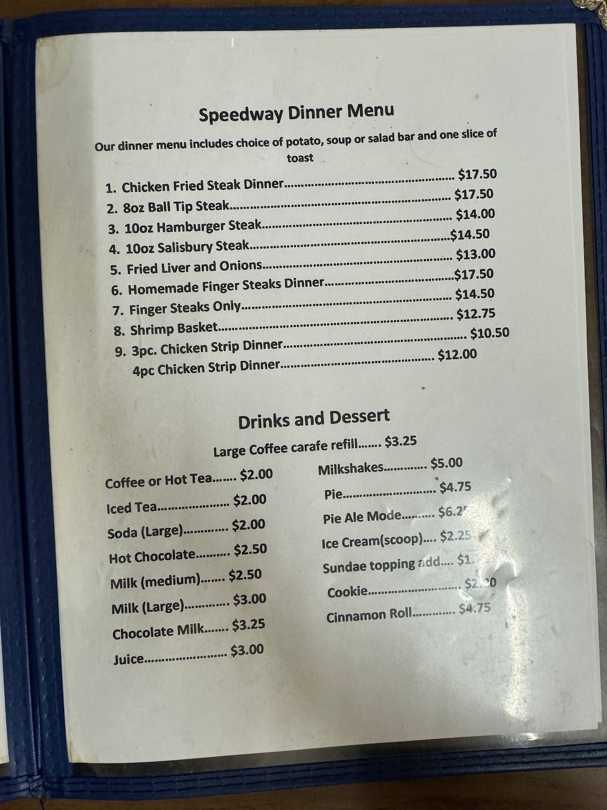 Menu at Speedway Diner restaurant, Forsyth