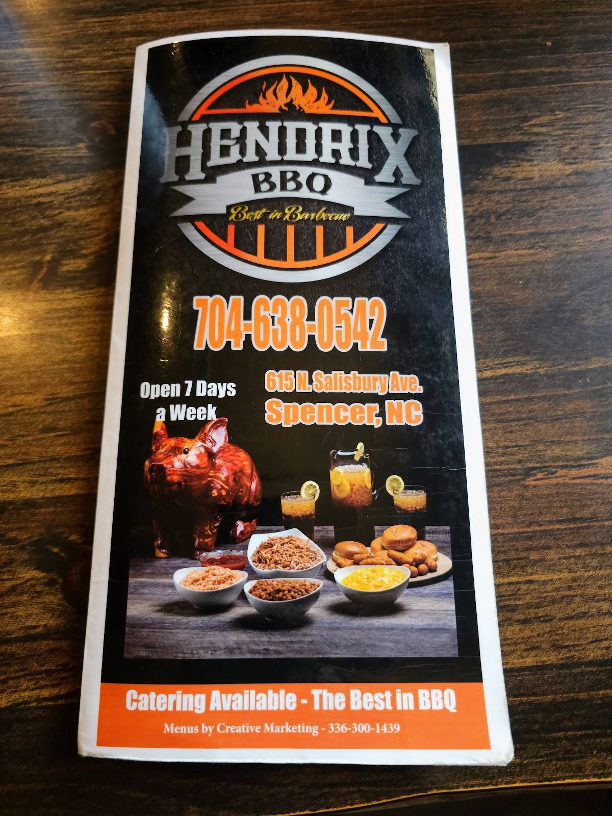 Menu at Hendrix Barbecue, Spencer, 615 Salisbury Ave