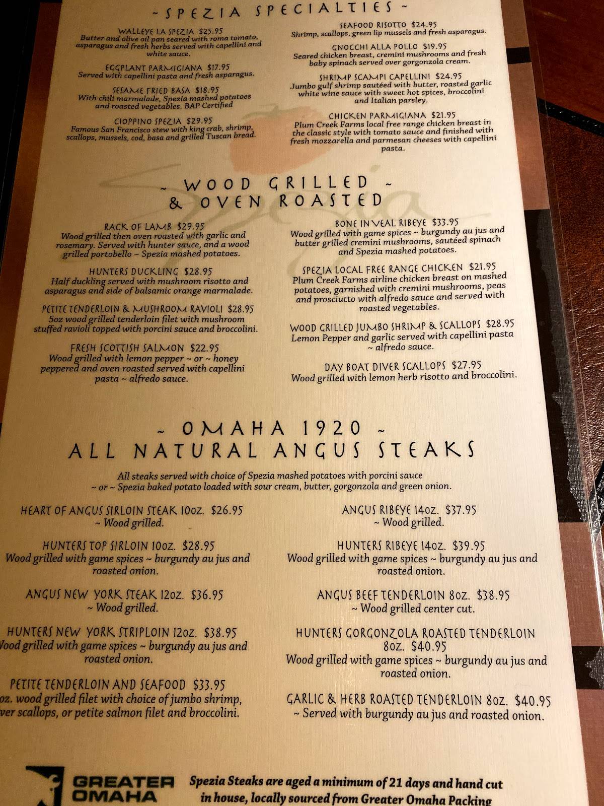 Menu at Spezia Omaha restaurant, Omaha