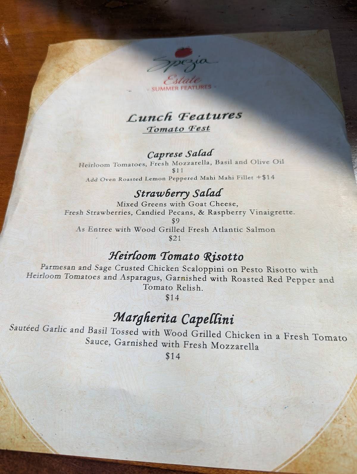 Menu at Spezia restaurant, Omaha