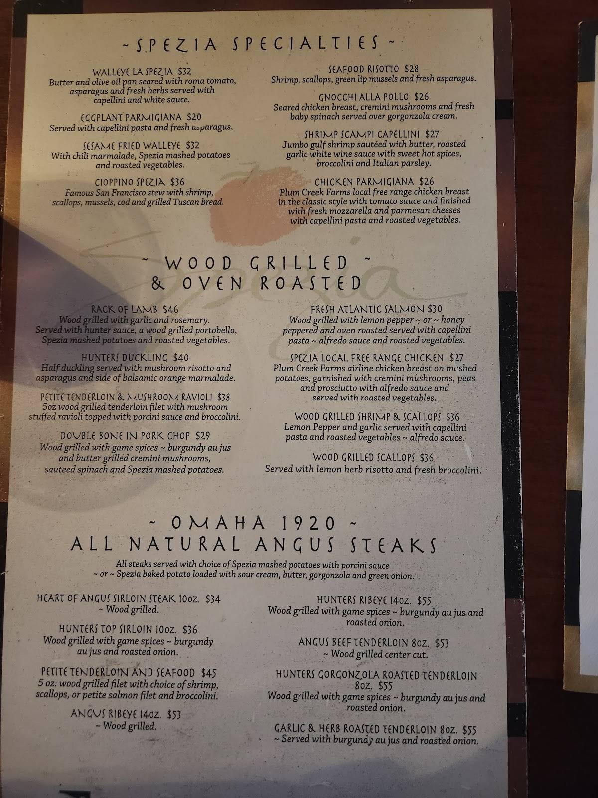 Menu at Spezia restaurant, Omaha