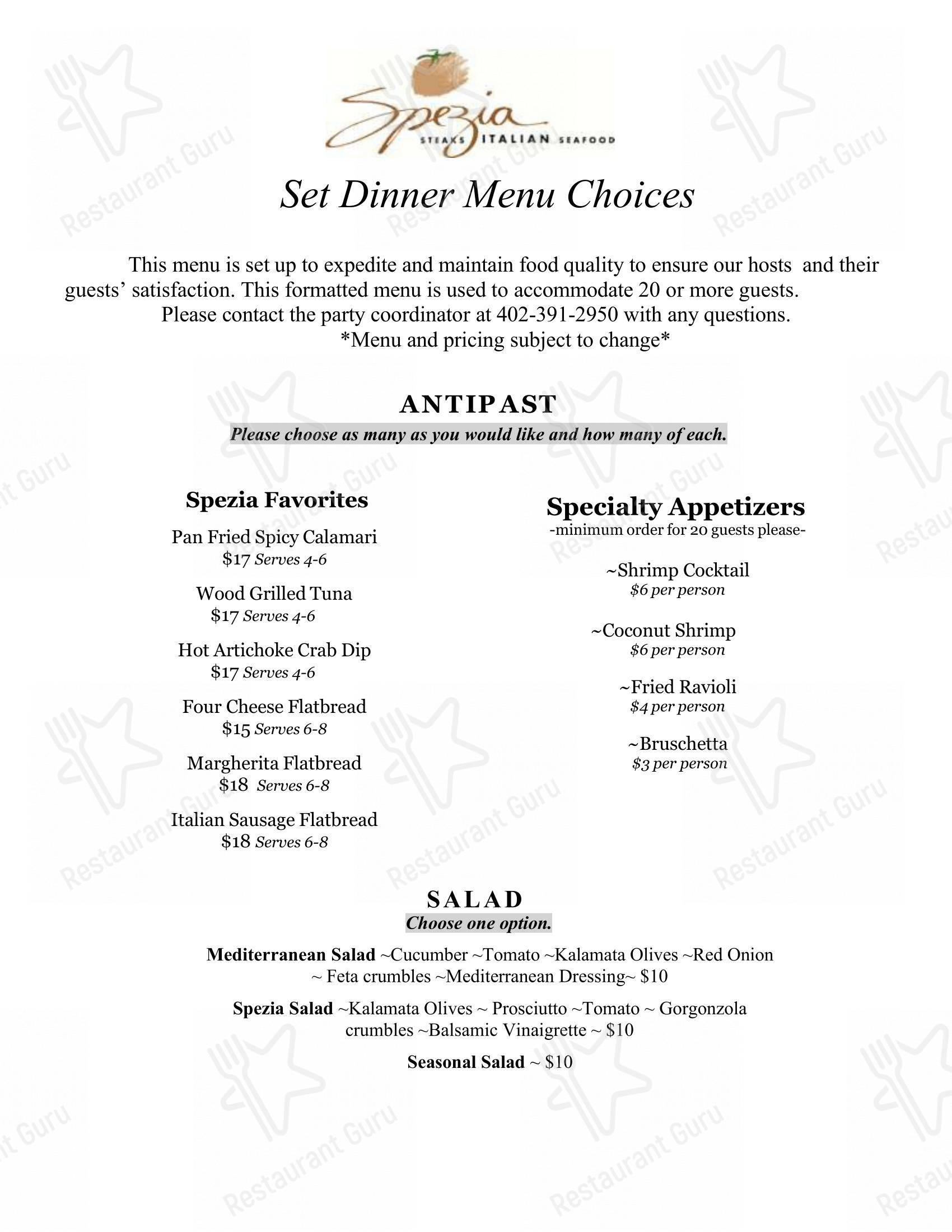 Menu at Spezia restaurant, Omaha