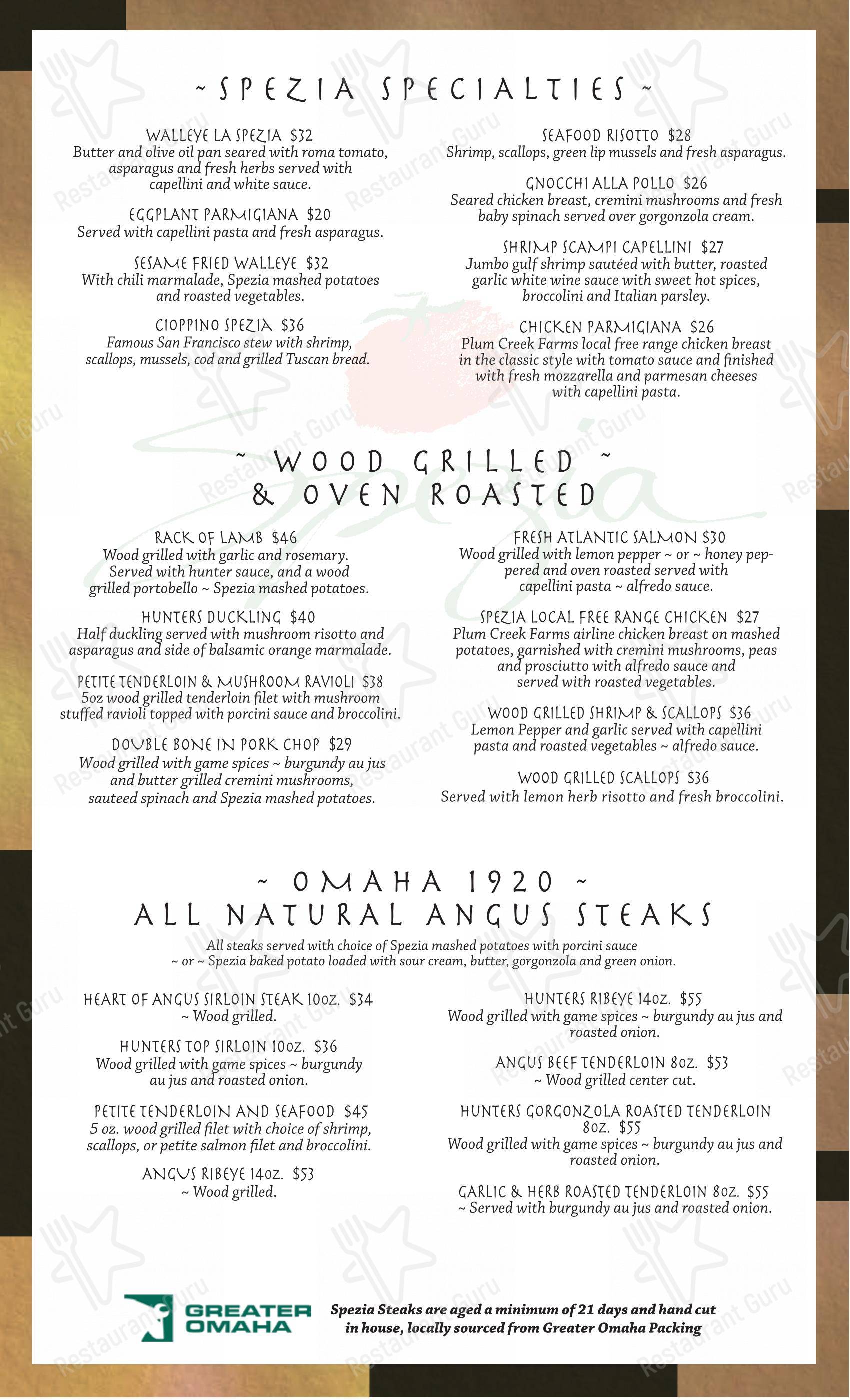 Menu at Spezia restaurant, Omaha