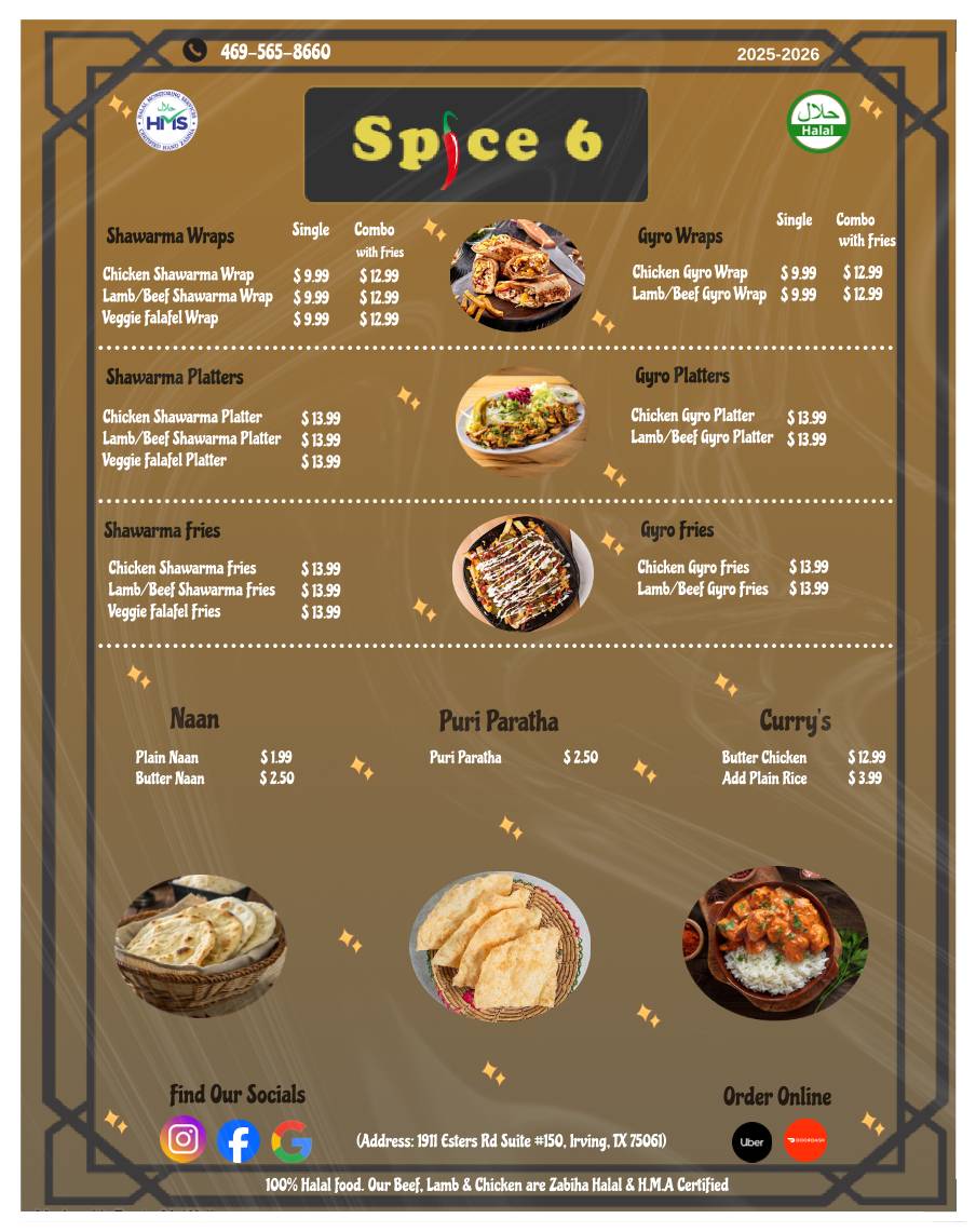Menu at Spice 6 restaurant, Irving