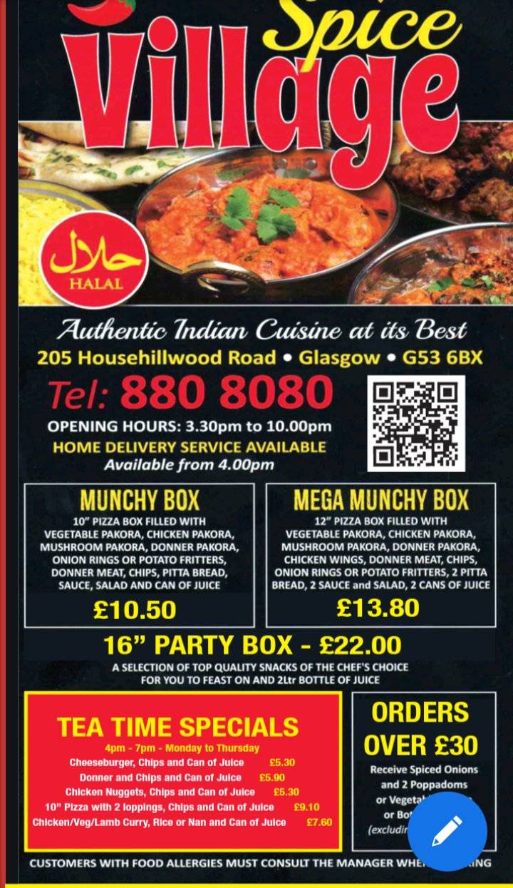 Menu at Spice Village Takeaway restaurant, Glasgow, 205 Househillwood Rd.