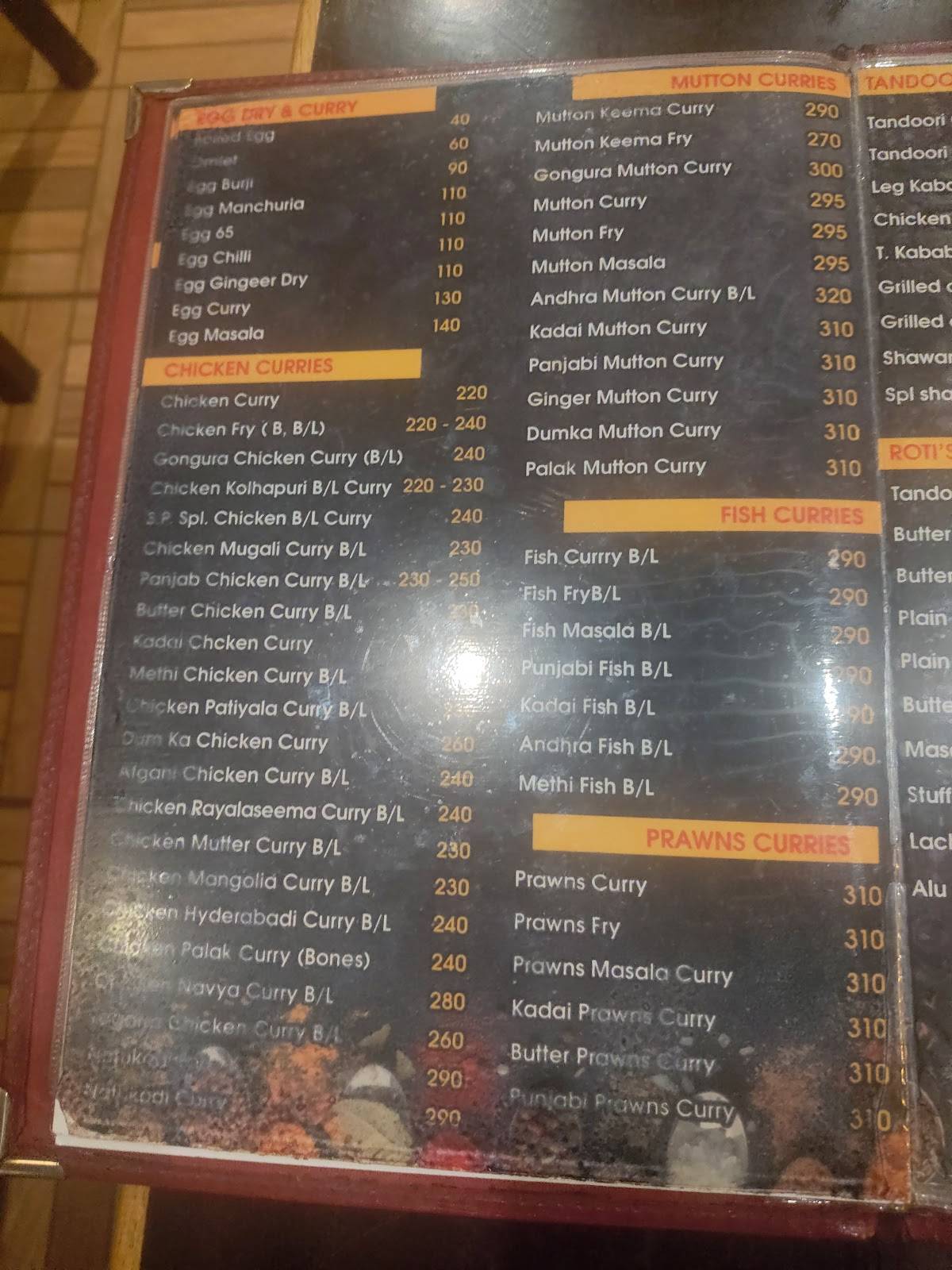 Menu at Spicy Paradise, Tirupati