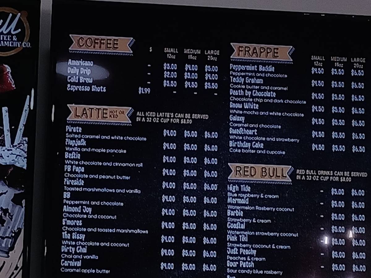 Menu at Spill Coffee & Creamery Co., South Pittsburg