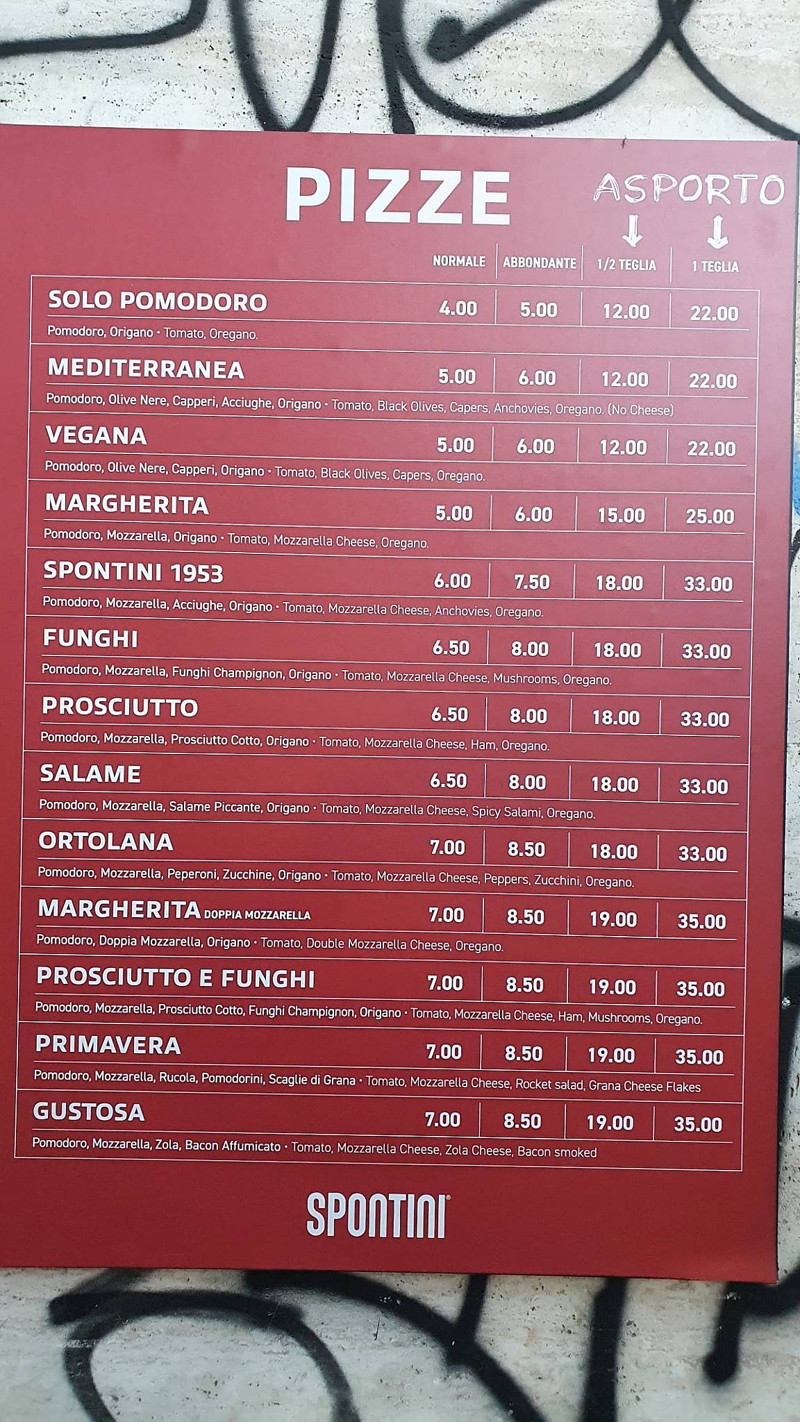 Menu da Spontini ristorante, Milano, Piazzale Paolo Gorini