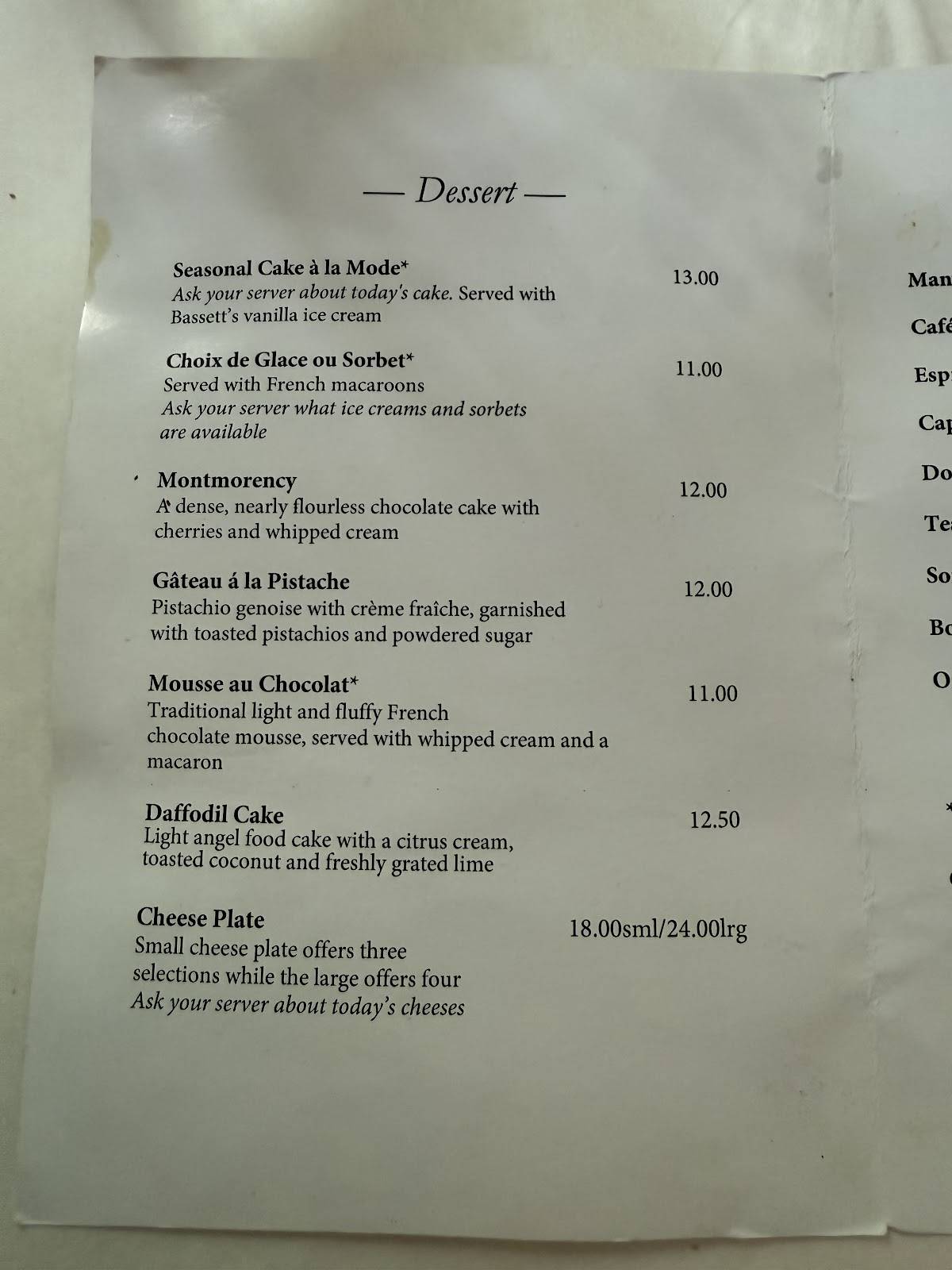 Menu at Spring Mill Cafe, Conshohocken
