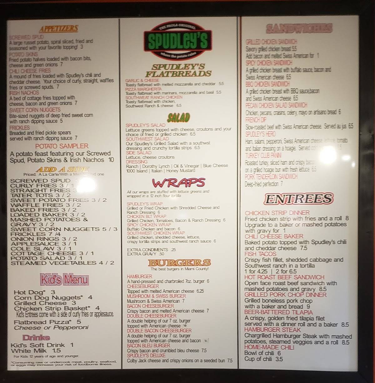 Menu at Spudley's Family Restaurant, Paola