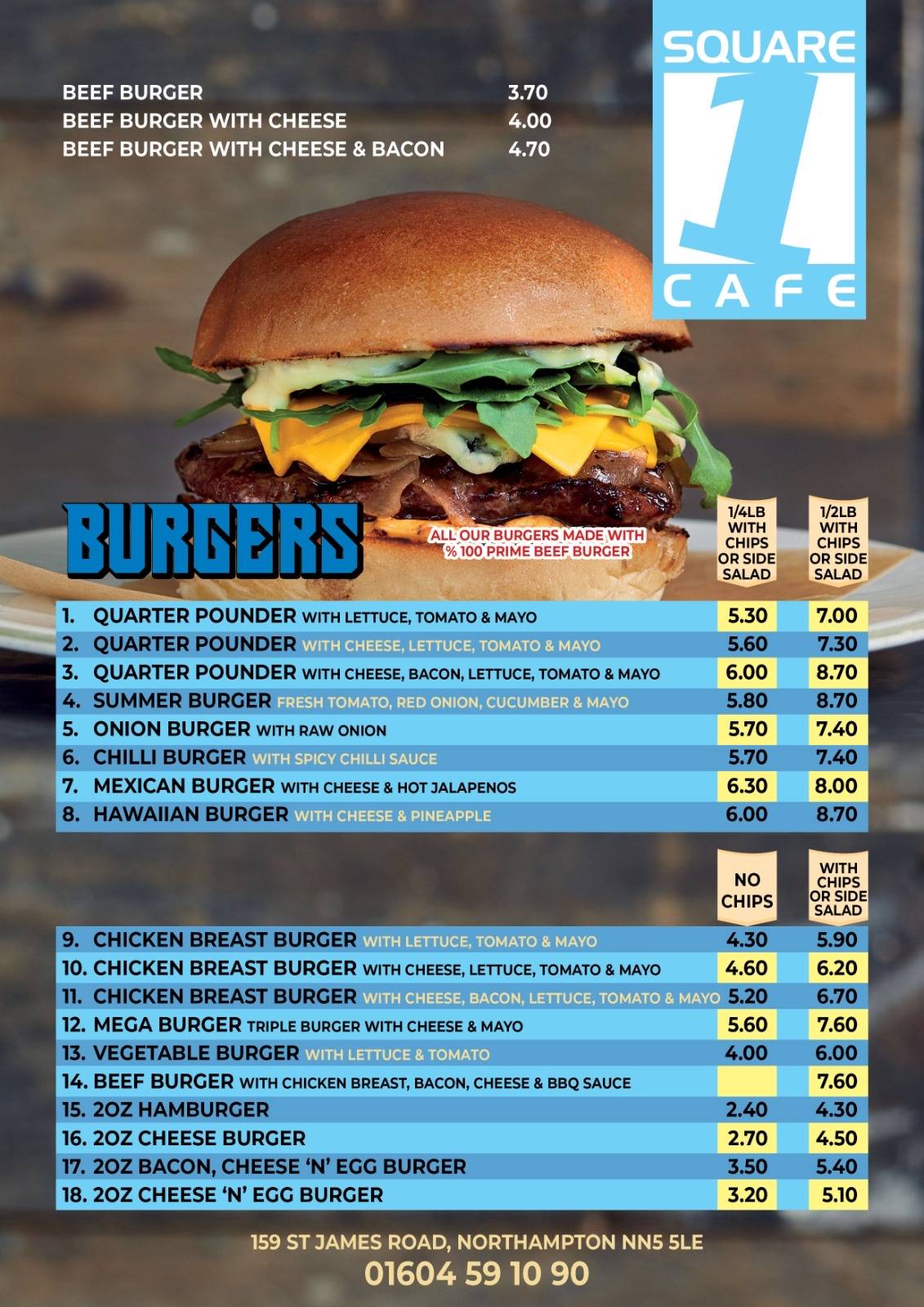 Menu at Square One cafe, Northampton