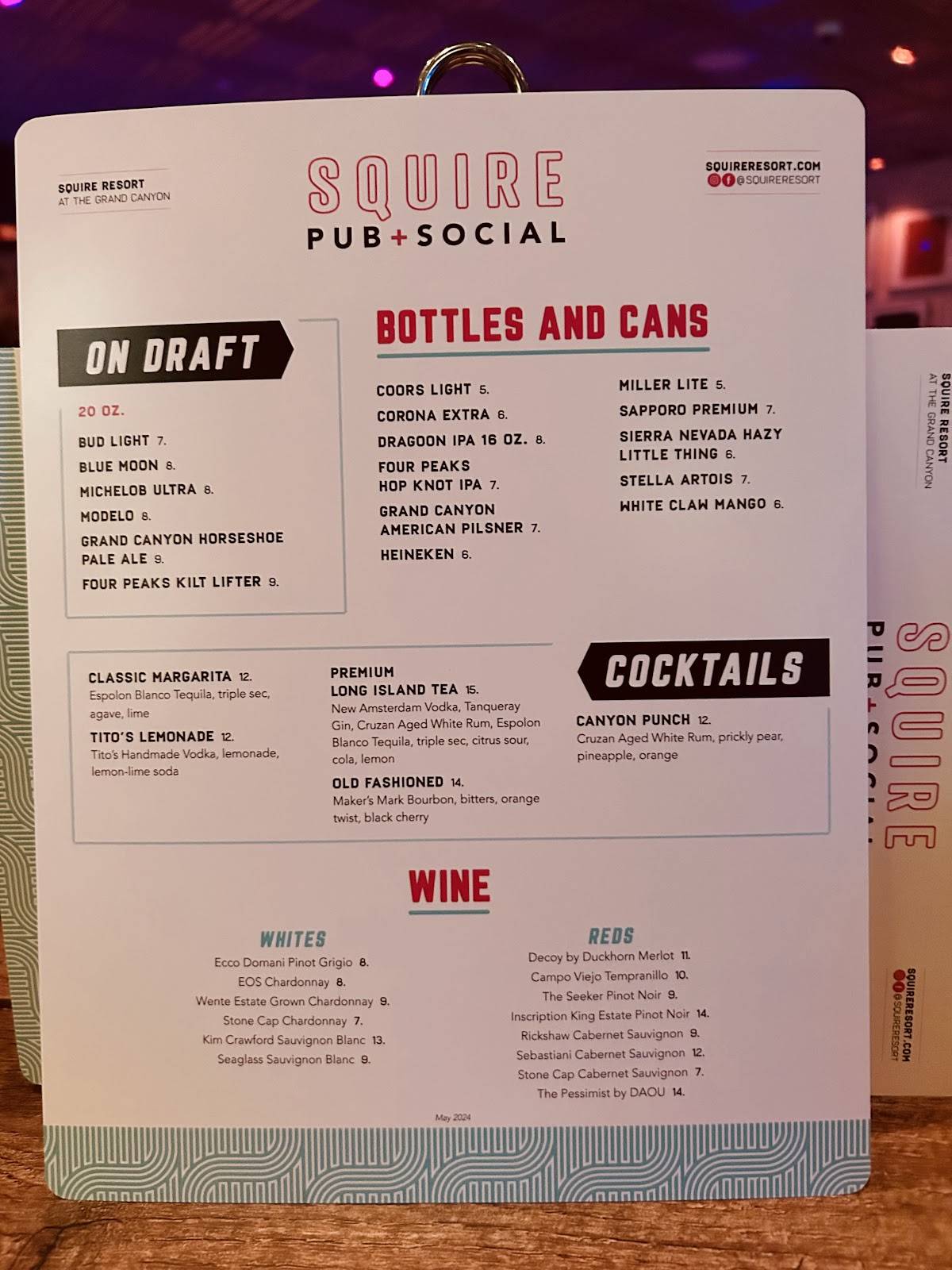 Menu at Squire Pub + Social, Grand Canyon Village