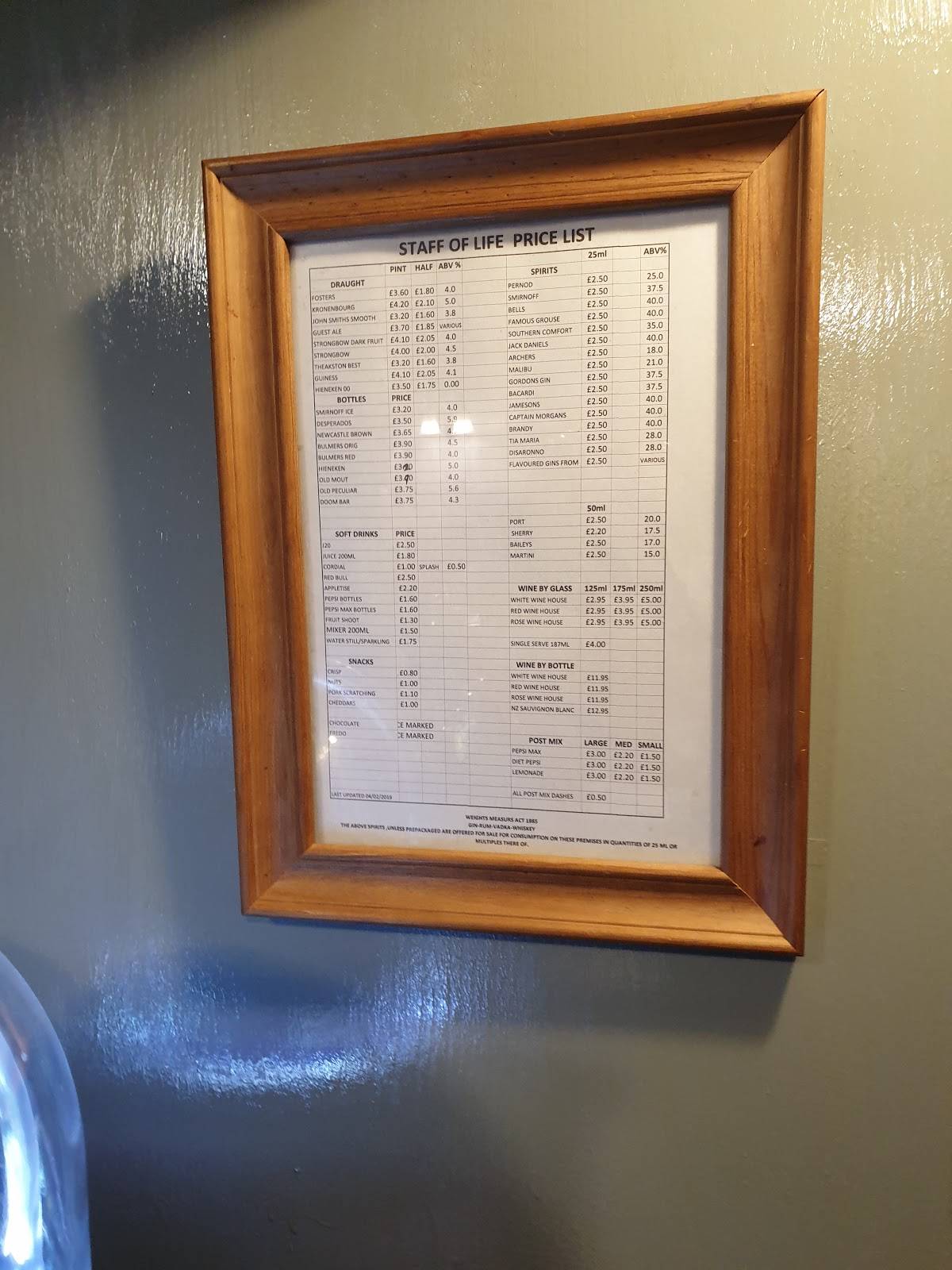 Menu at Staff of Life pub & bar, Sutton-in-Ashfield