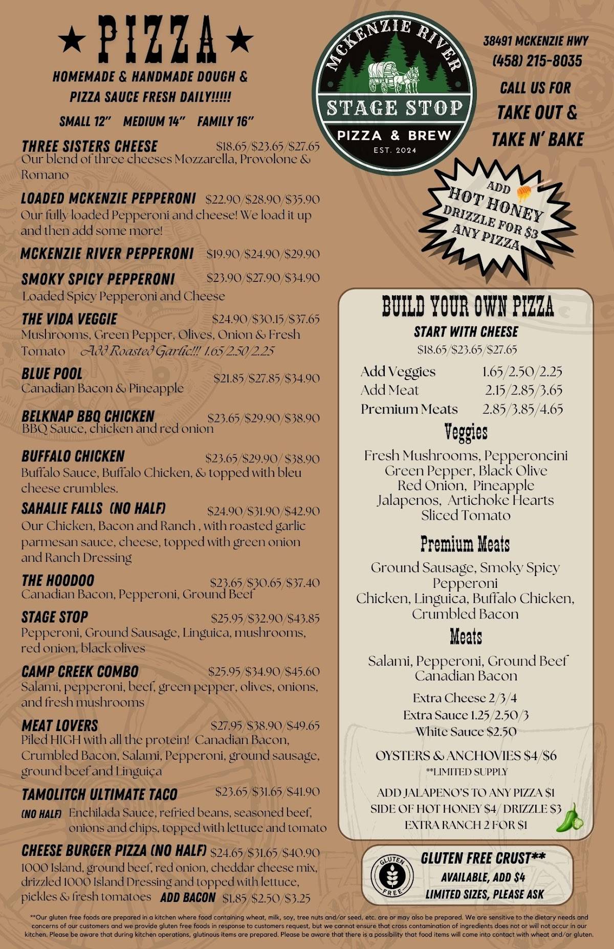 Menu at Stage Stop Pizza and Brew restaurant, Springfield