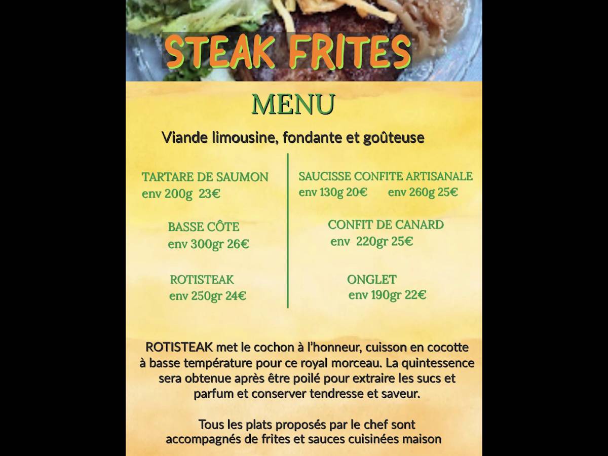 Menu au Steak Frites restaurant, Limoges
