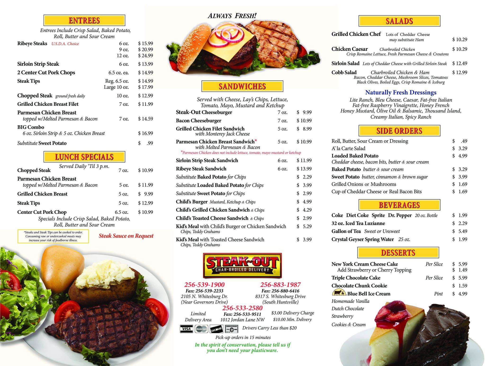 Menu at Steak-Out restaurant, Huntsville, 8317 Whitesburg Dr