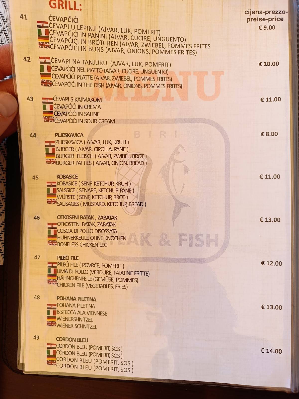 Menu at Steak&Fish Biri restaurant, Umag