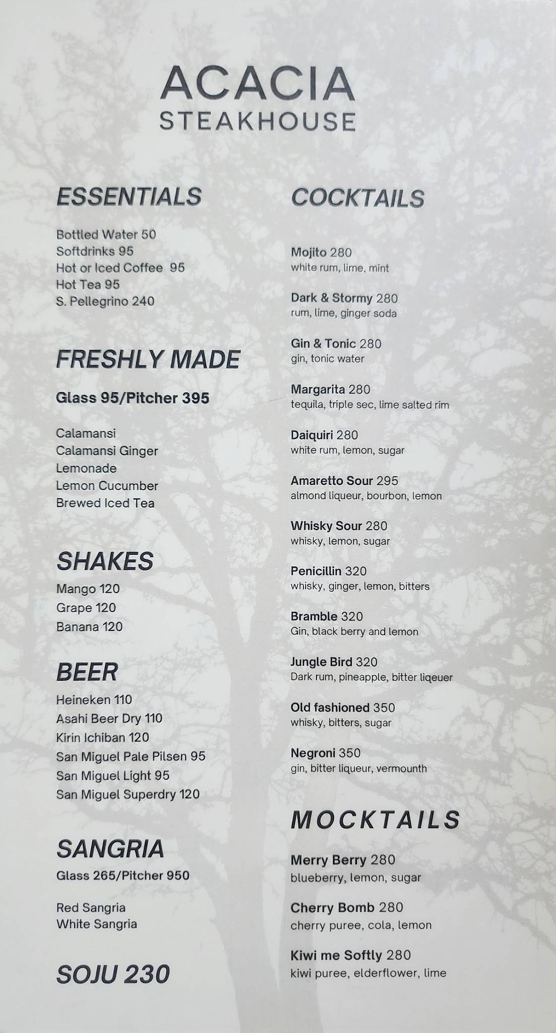 Menu at Acacia Steakhouse, Cebu City