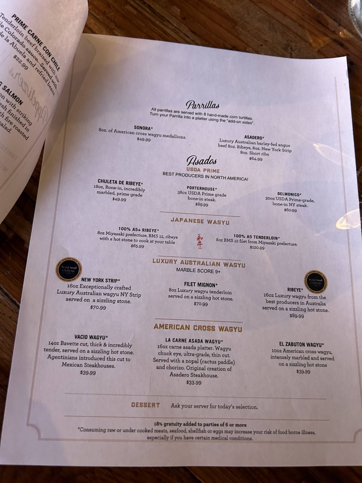Menu at Asadero Prime steakhouse, Kent, 310 Washington Ave N