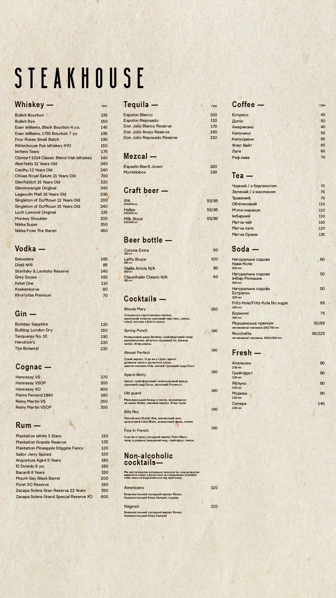 Menu at Steakhouse, Kyiv