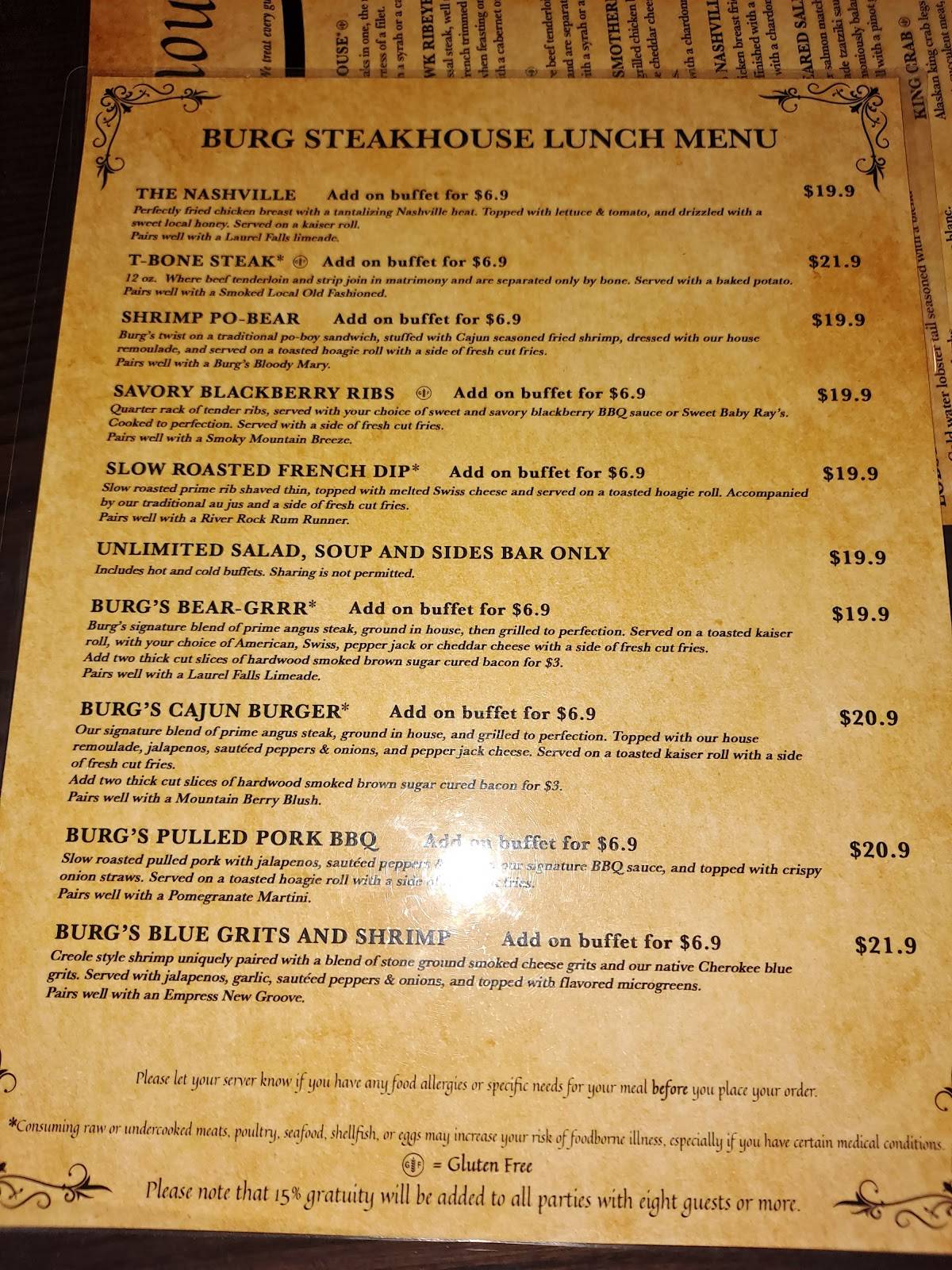 Menu at Burg Steakhouse, Gatlinburg