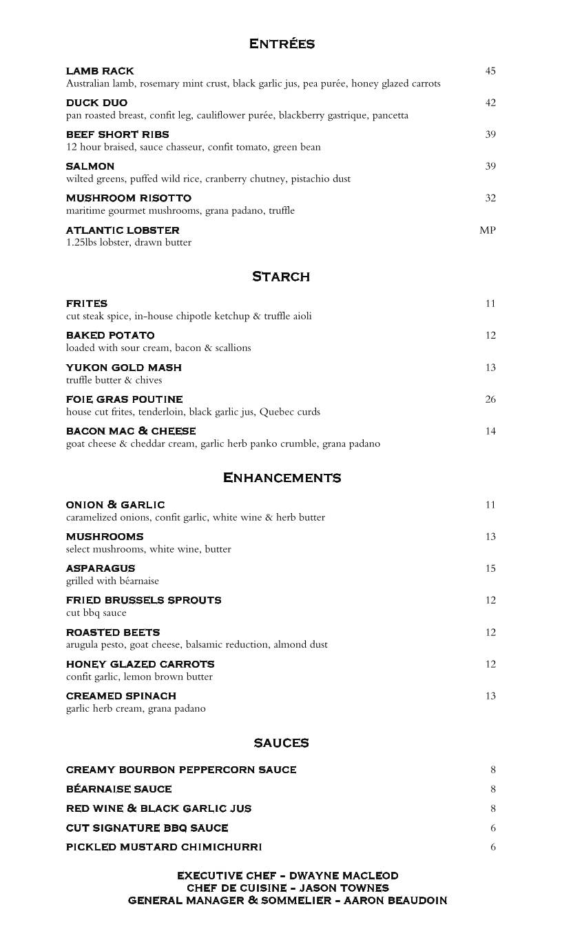 Menu at CUT Steakhouse, Halifax