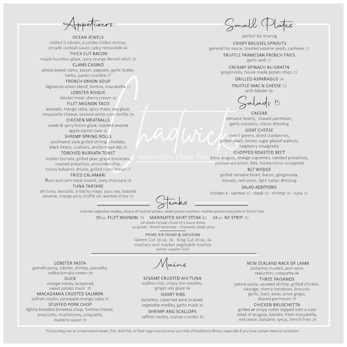 Menu at Chadwick's American Table & Cocktails steakhouse, Rockville Centre