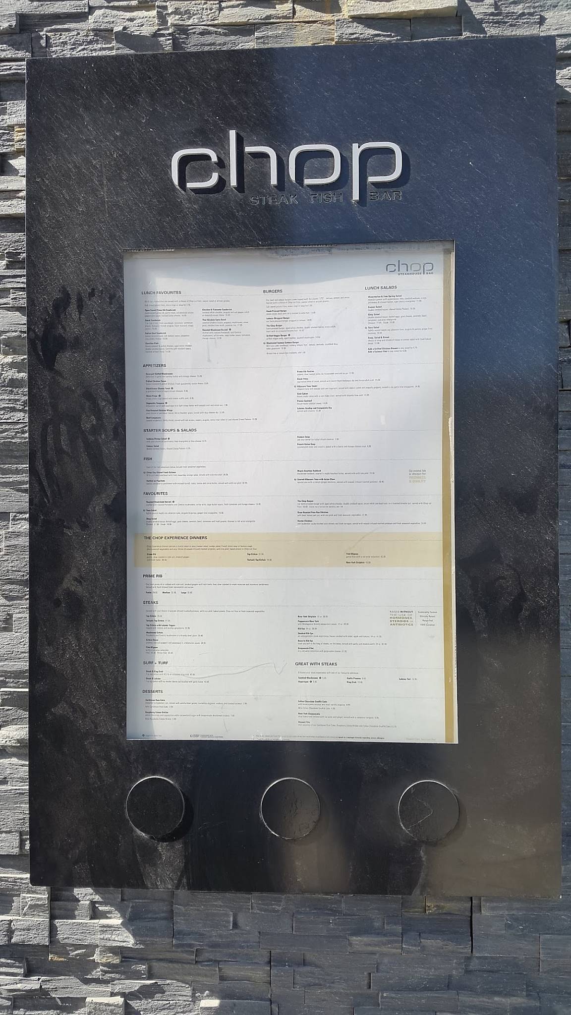 Menu at Chop Steakhouse & Bar, Winnipeg