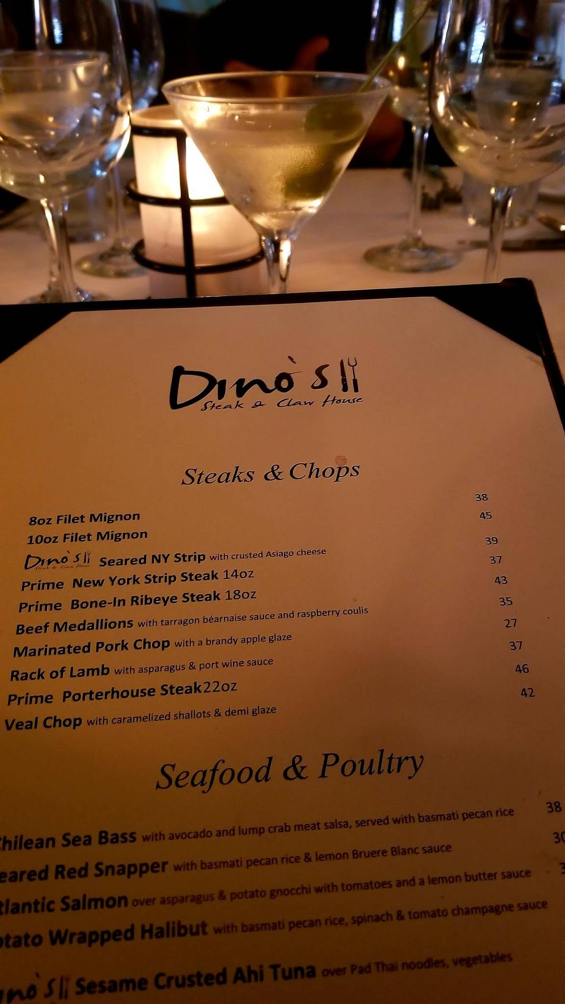 Menu at Dino’s Steak and Claw House steakhouse, Grapevine
