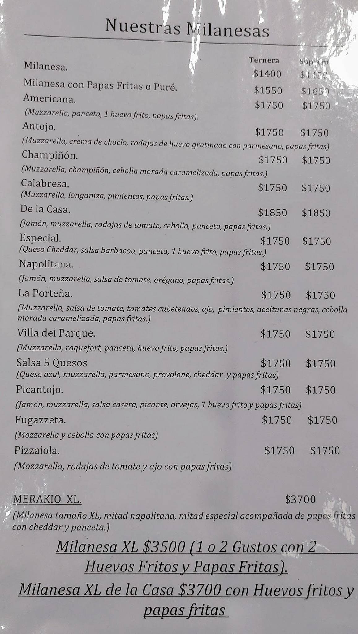 Carta de parrilla El Antojo, Buenos Aires