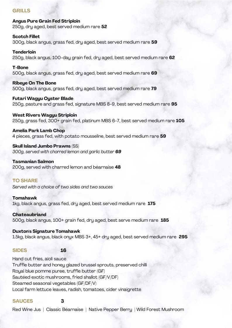 Menu at Firewater Grille steakhouse, Perth, 1 St Georges Terrace