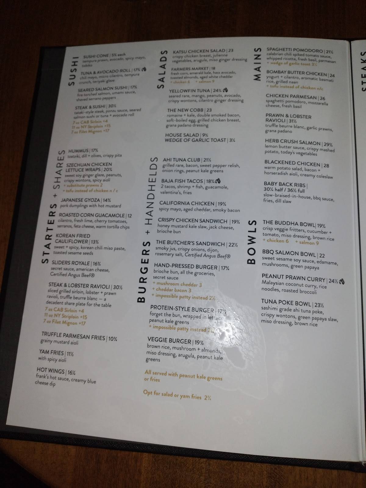 Menu at JOEY Don Mills steakhouse, Toronto, 75 O'Neill Rd